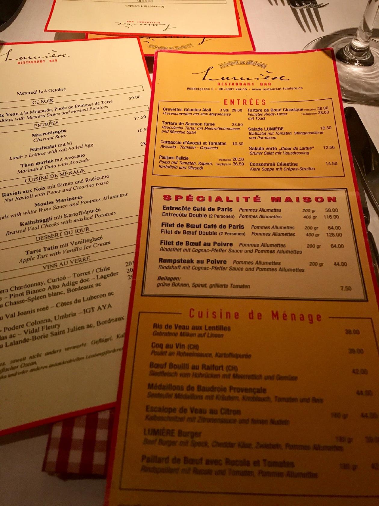 Speisekarte von Restaurant Lumière, Zürich