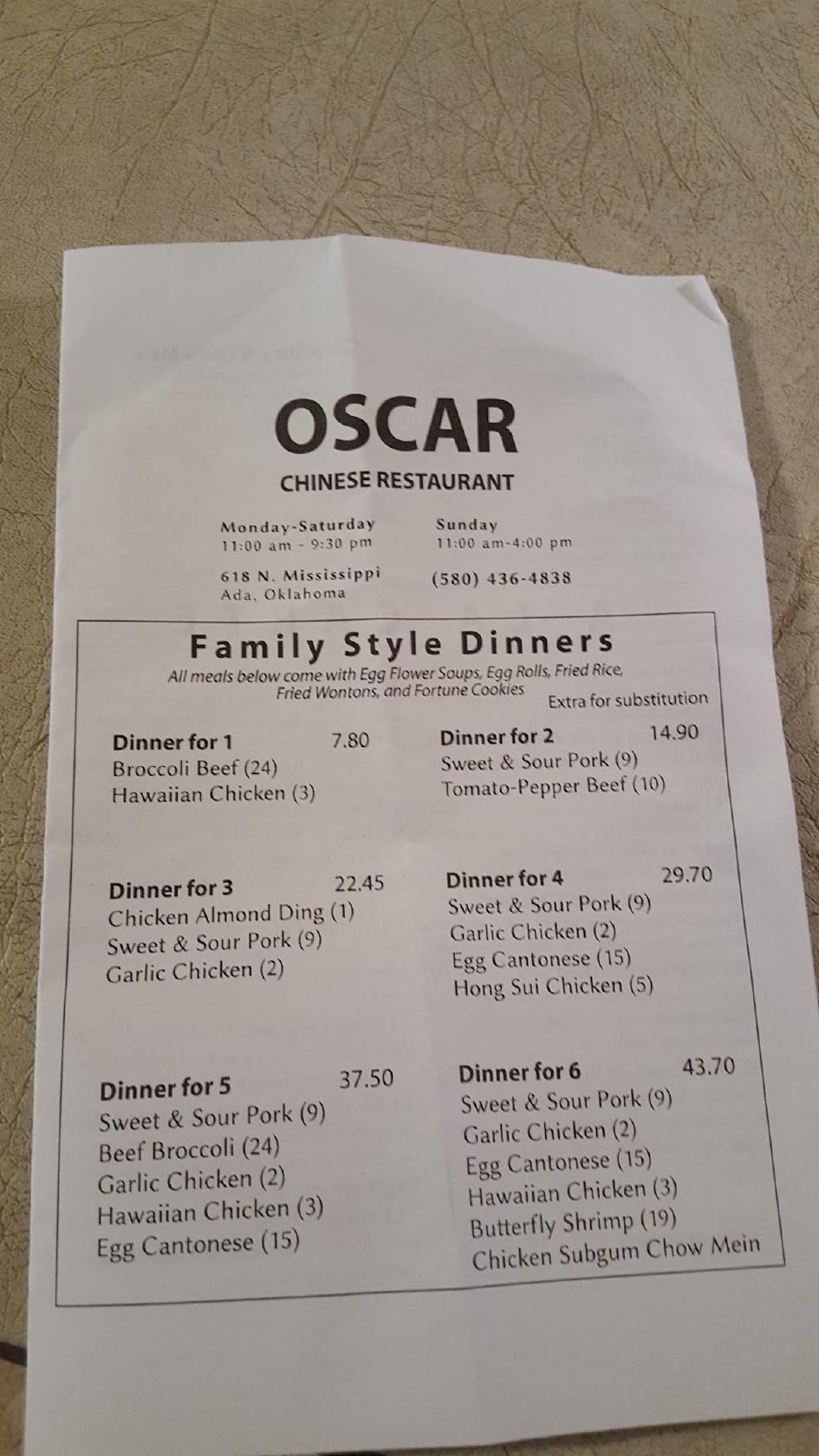 Menu at Oscar Chinese Restaurant, Ada