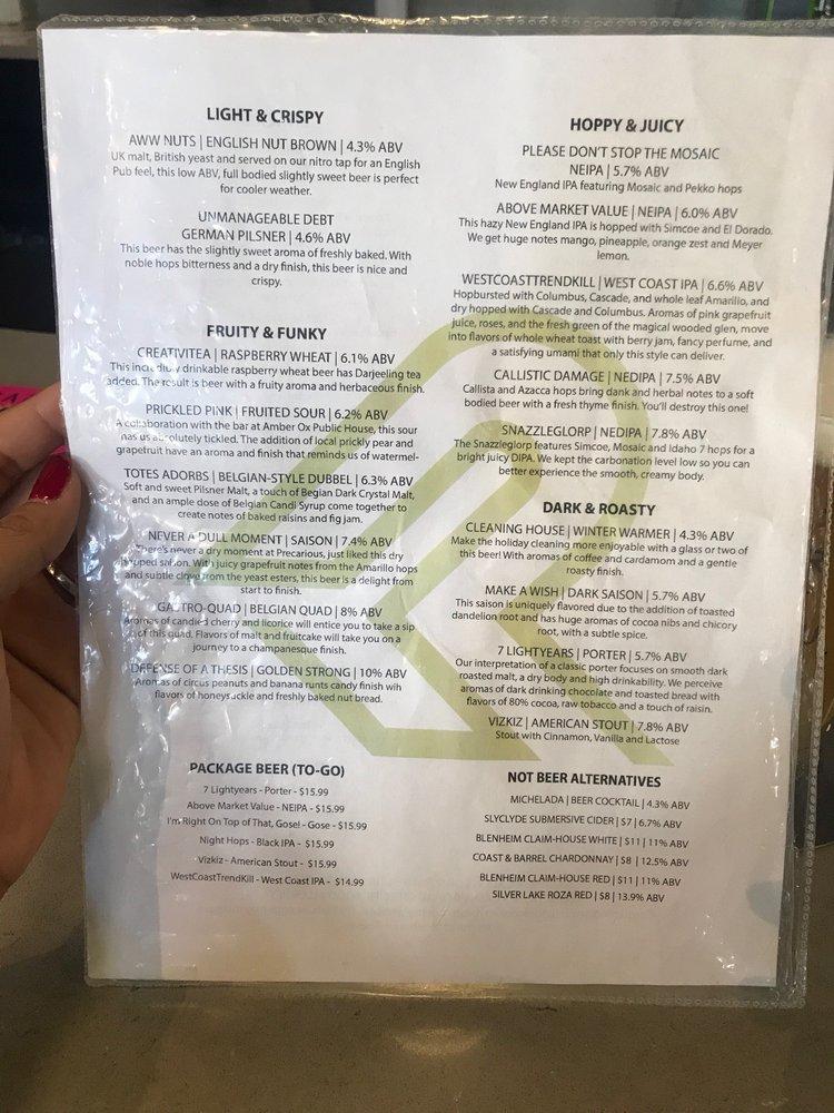 Menu at Precarious Beer Project pub & bar, Williamsburg