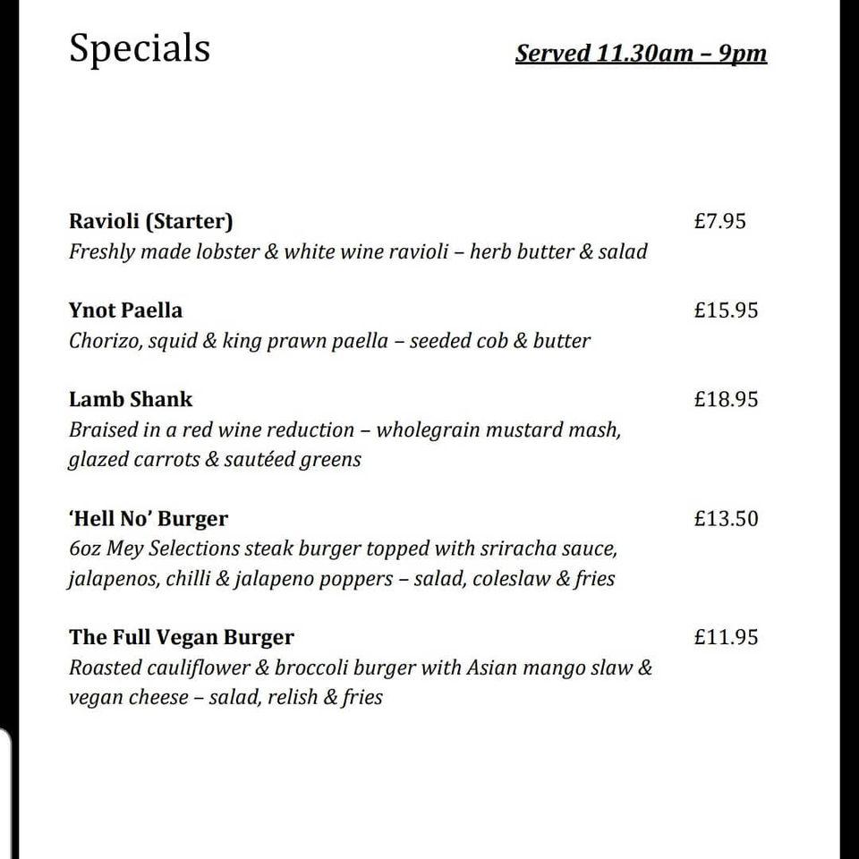 Menu at Y Not Bar & Grill, Thurso