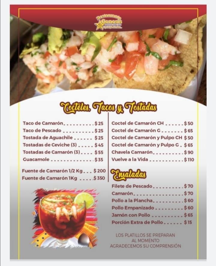 Menu at Genesis restaurant, Pabellón de Arteaga