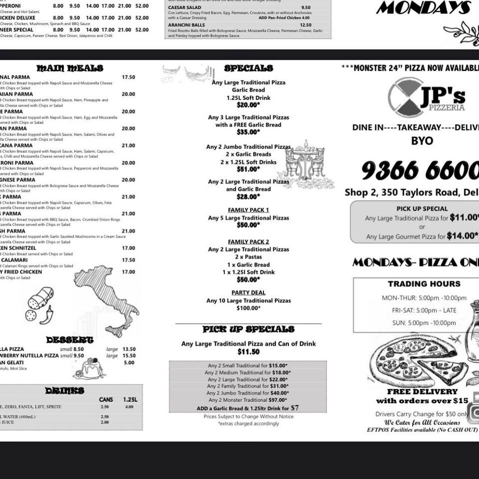 Menu at JP's Pizzeria, Delahey