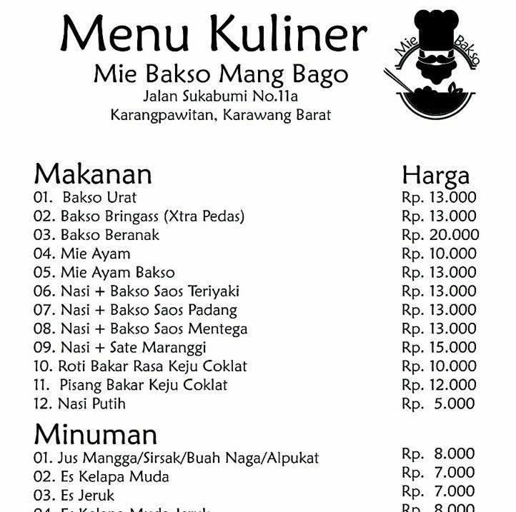 Menu at Baso Bringass Mang Bago restaurant, West Karawang