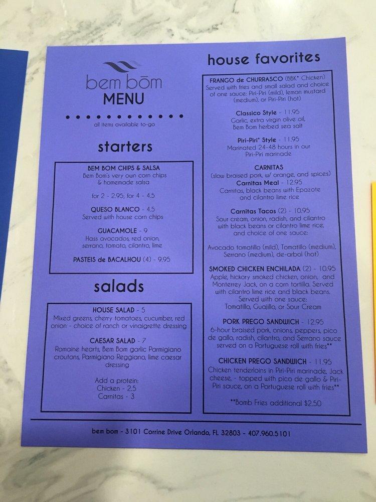 Menu at Bem Bom on Corrine pub & bar, Orlando