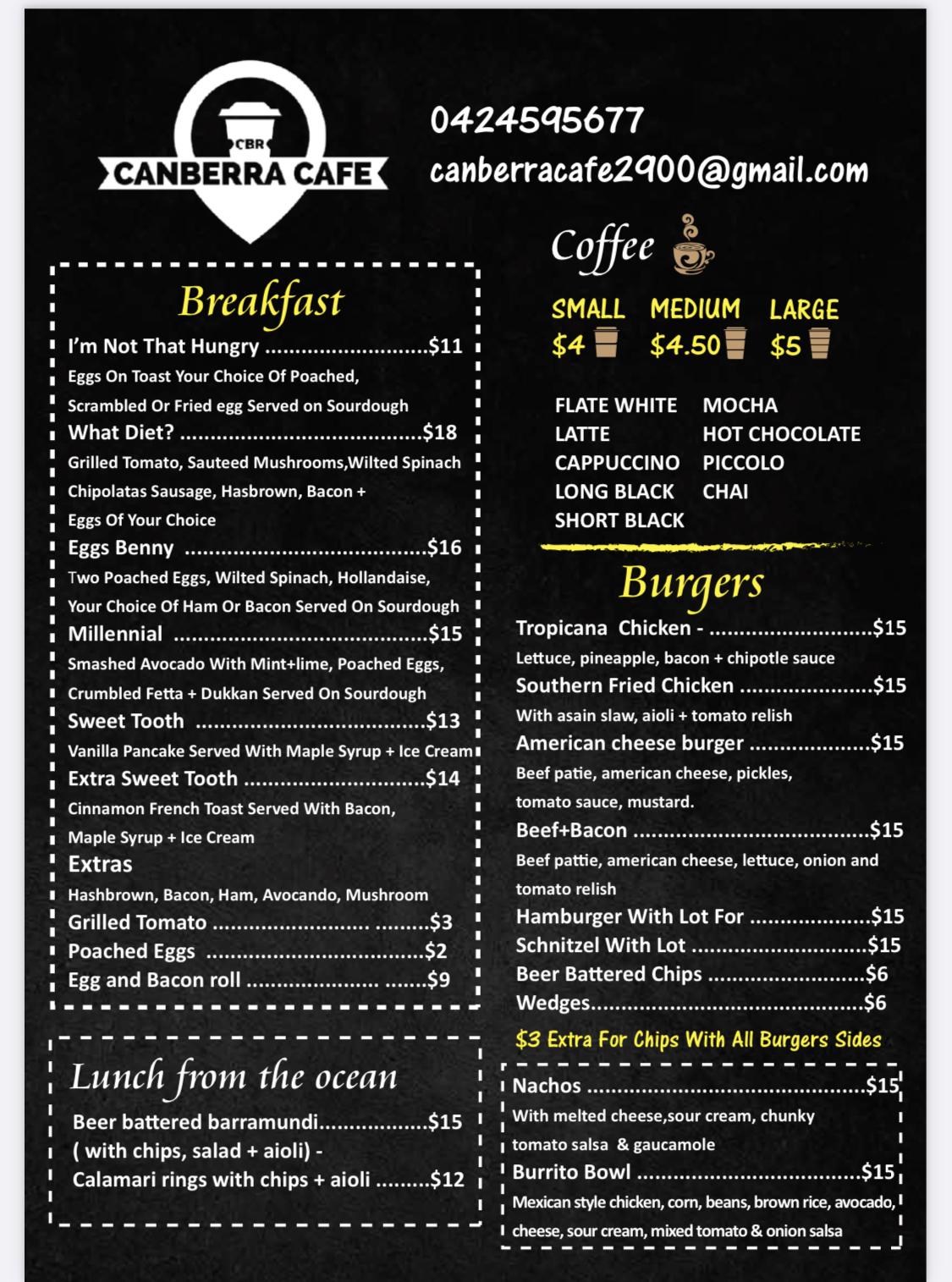 Menu at canberra cafe, Greenway