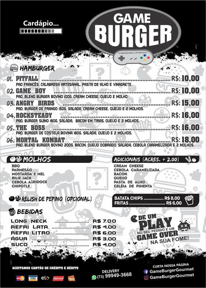 Menu at GAME BURGER restaurant, Canavieiras