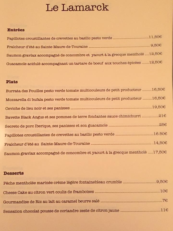 Menu at Le Lamarck restaurant, Paris, 8 Rue Lamarck