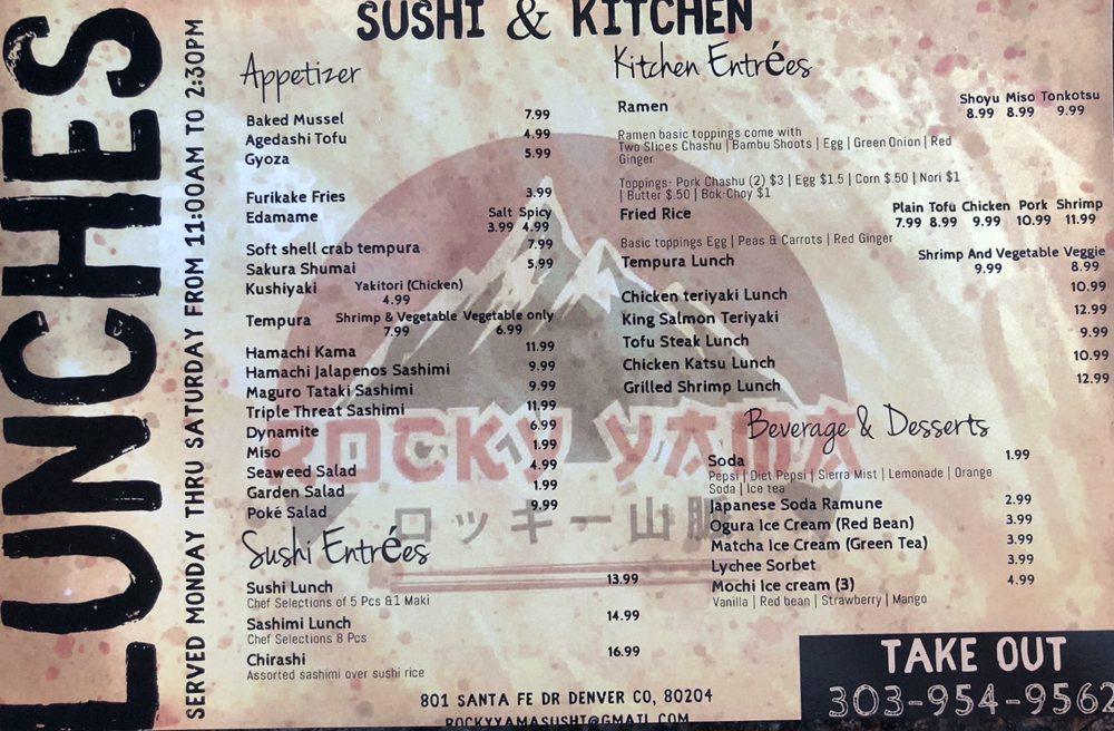 Menu at Rocky Yama Sushi restaurant, Denver