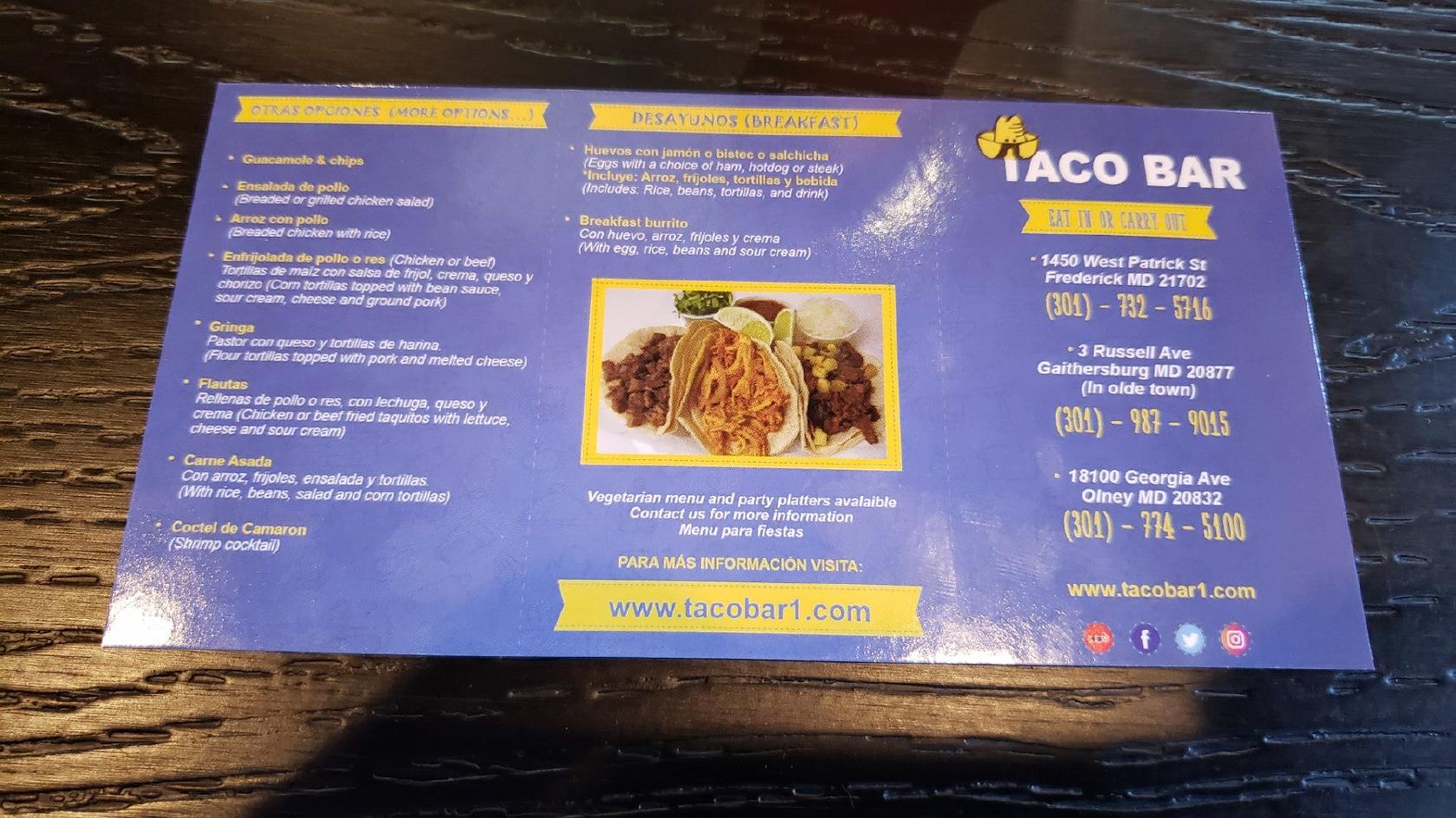 Menu at Taco Bar Olney, Olney, Georgia Ave