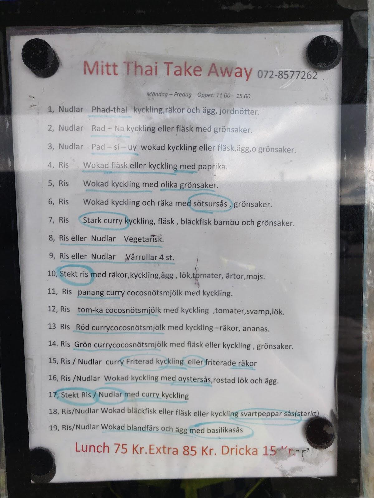 Menu at Thaivagnen på Torsvik (Thai take away) restaurant, Jönköping