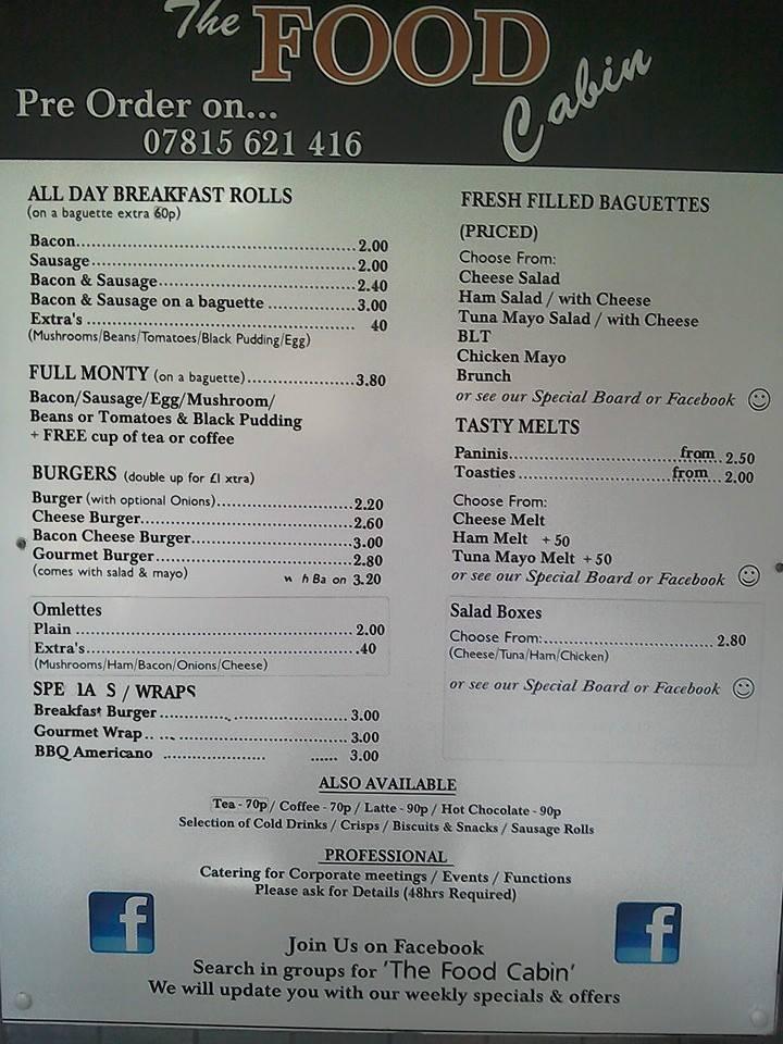 Menu at The Food Cabin cafe, Coalville