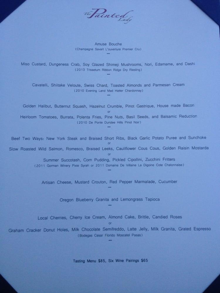 Menu at The Painted Lady restaurant, Newberg