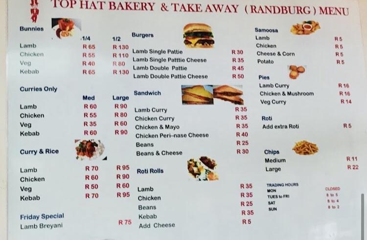 Menu at Top Hat Bakery, Randburg