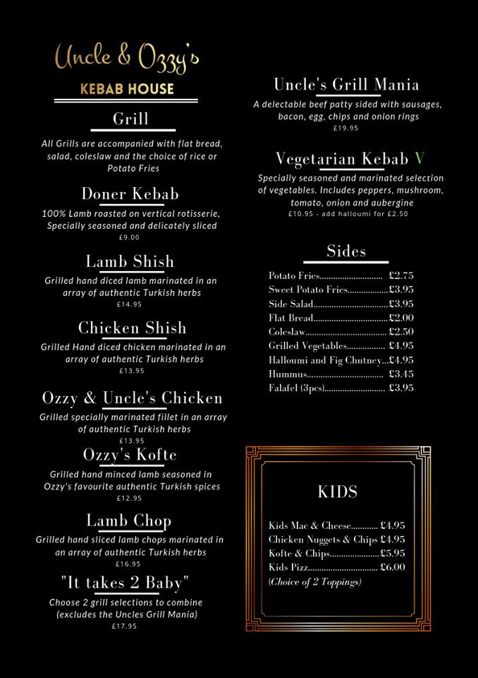 Menu at Uncle & Ozzy’s Kebab House restaurant, Winkleigh