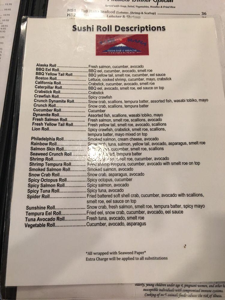 Menu at Fuji Hana Sushi Bar and Hibachi Steakhouse, Gretna