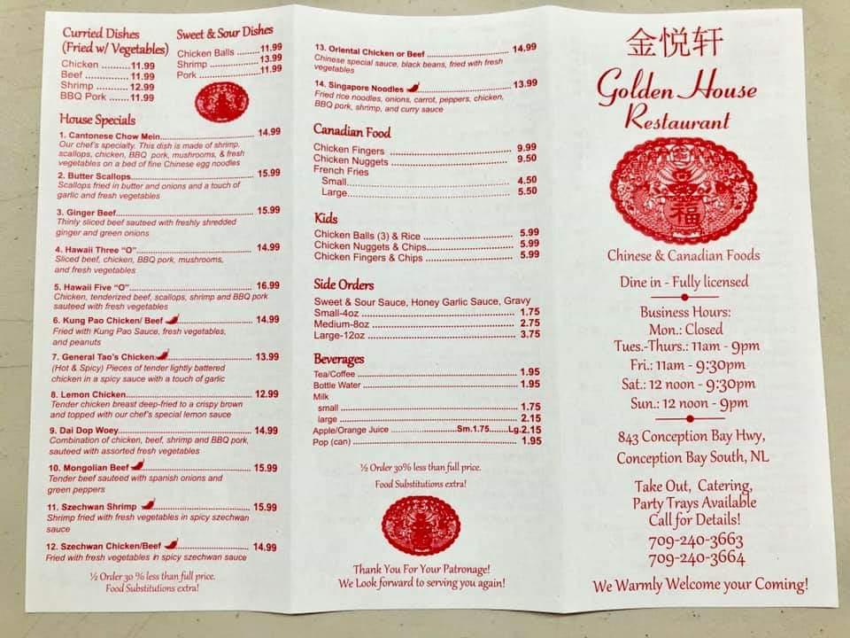 Menu at Golden House Restaurant, Conception Bay South