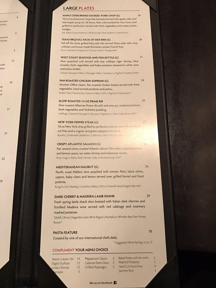 Menu at The Office restaurant, Grande Prairie, 100 St