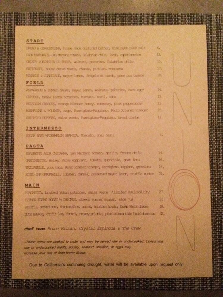 Menu at Union Restaurant, Pasadena, 37 Union St