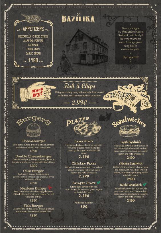 Menu at 101 Bistro restaurant, Reykjavík