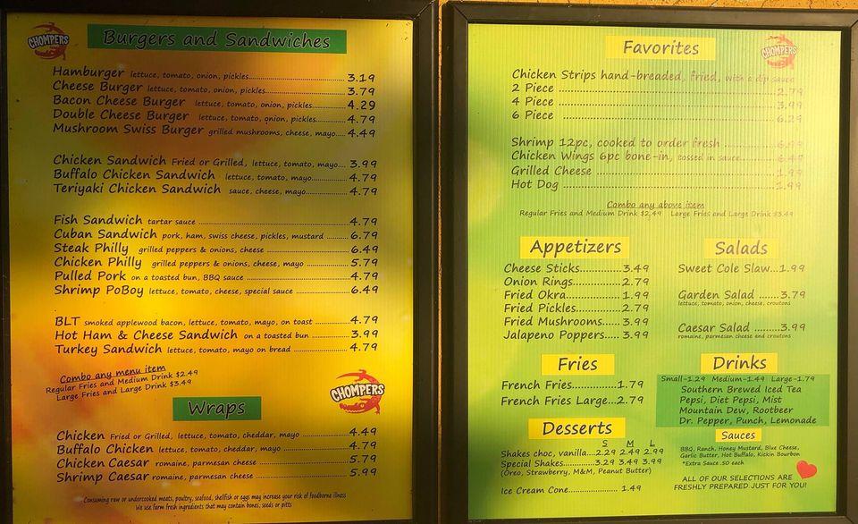 Menu at Chompers Diner restaurant, Fanning Springs