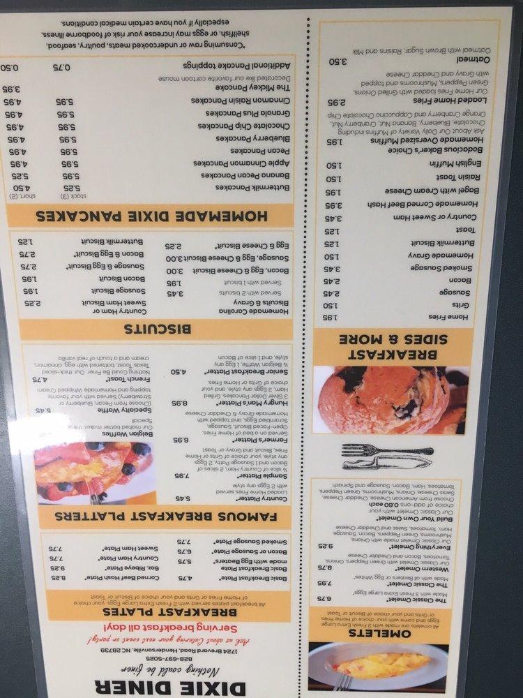Menu at Dixie Diner restaurant, Hendersonville