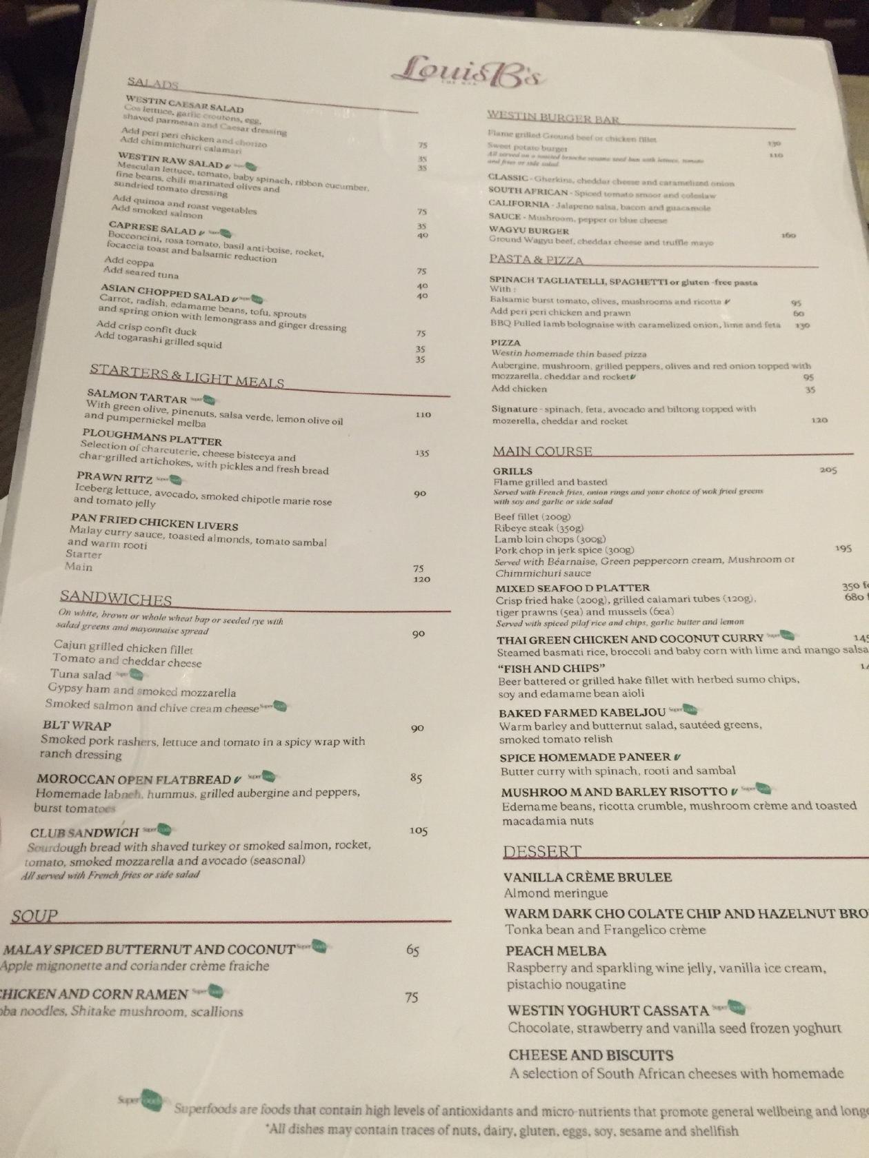 Menu at Louis B's restaurant, Cape Town