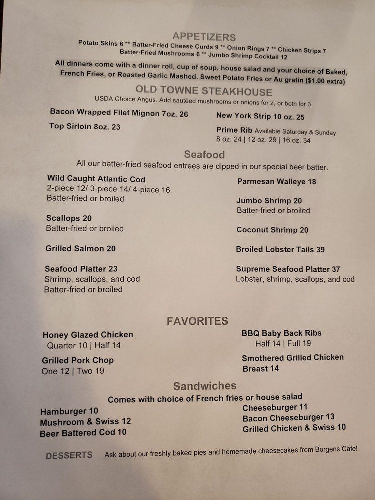 Menu at Old Towne Inn Supper Club, Westby