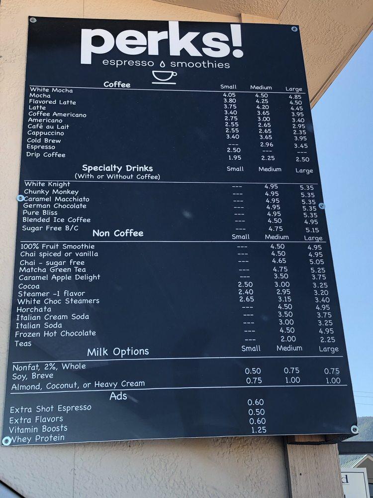 Menu at Perks! Coffee, Espresso, & Smoothies pub & bar, Cedar City