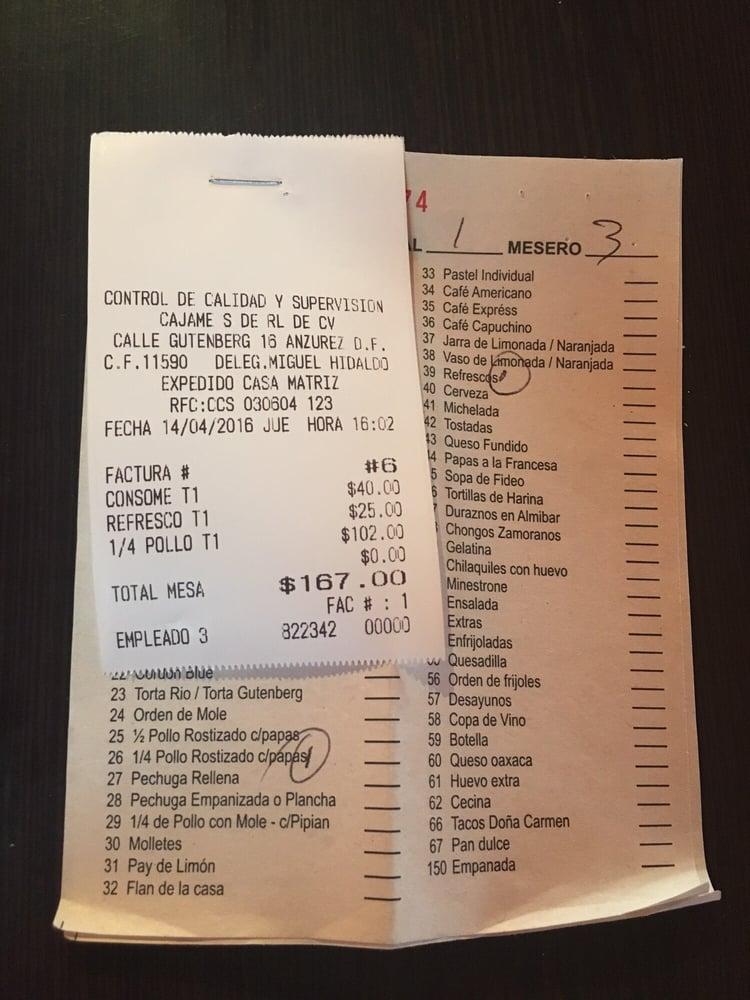 Menu at Pollos Río Gutenberg restaurant, Mexico City, Gutenberg 16