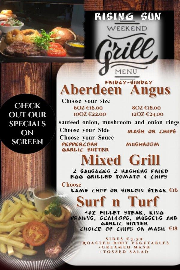 Menu at The Rising Sun restaurant, Mullinavat, Main Street