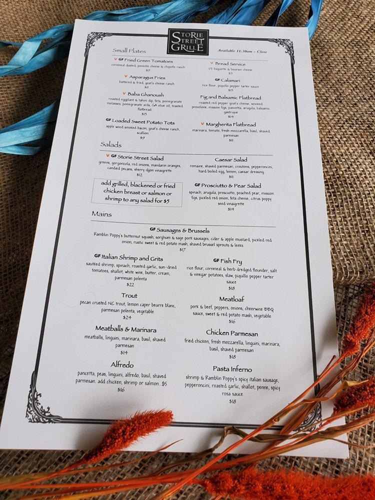 Menu at Storie Street Grille pub & bar, Blowing Rock