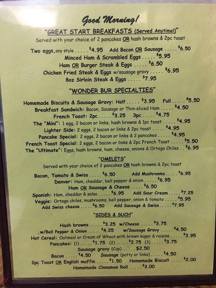 Menu at Wonder Bur Cafe, Grants Pass