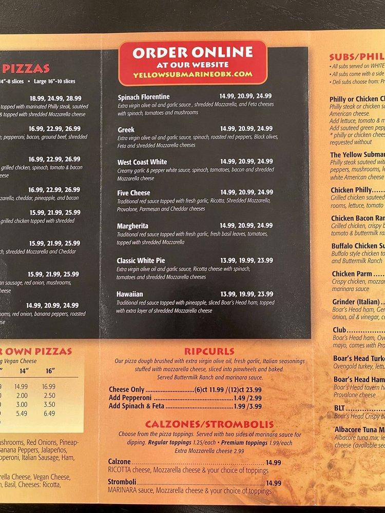 Menu at Yellow Submarine pizzeria, Nags Head