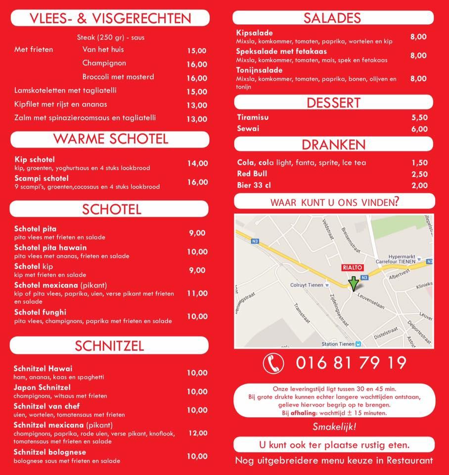Menu at Rialto Pizzeria, Tienen, Leuvenselaan 111