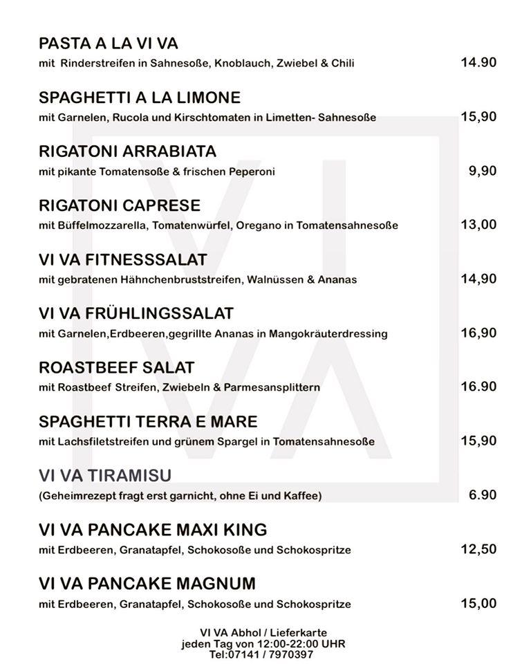 Menu at VIVA restaurant, Ludwigsburg