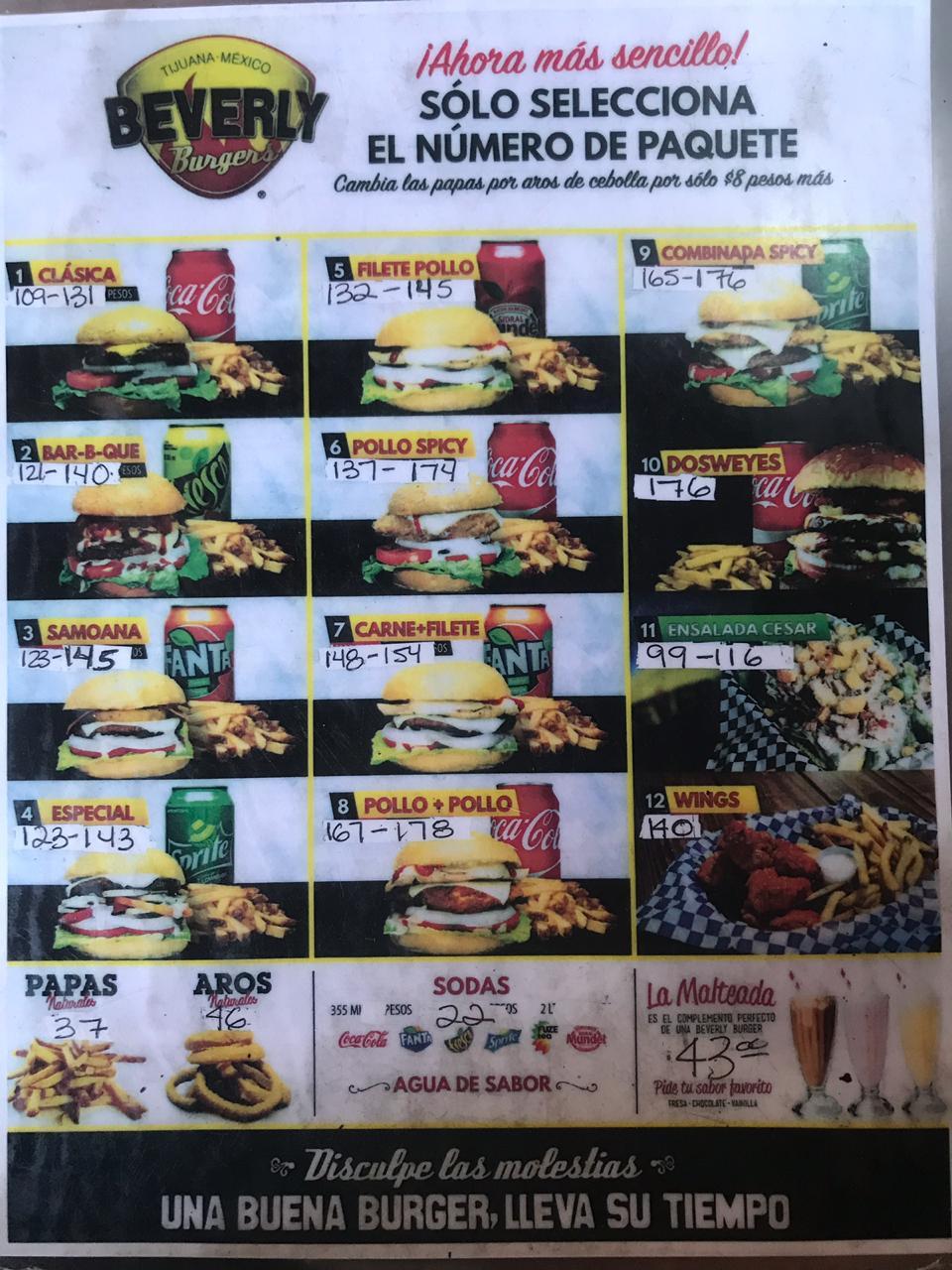 Menu at Beverly Burguers Fundadores restaurant, Tijuana