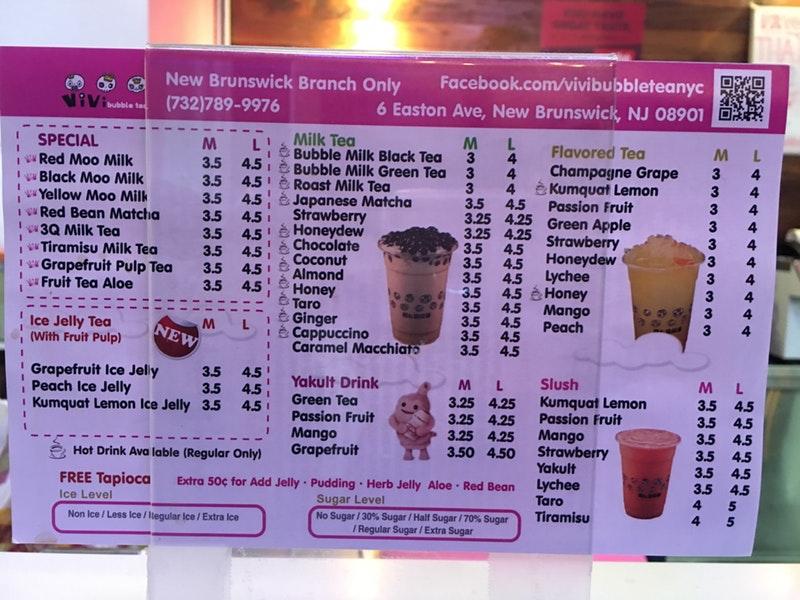 Menu at Bubble Tea restaurant, New Brunswick