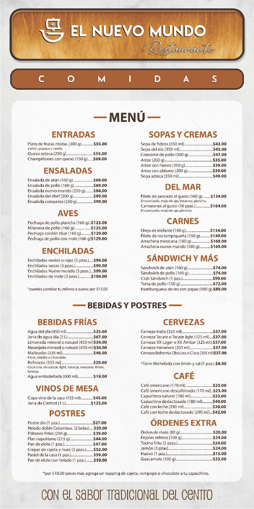 Carta del restaurante El Nuevo Mundo México, Ciudad del México