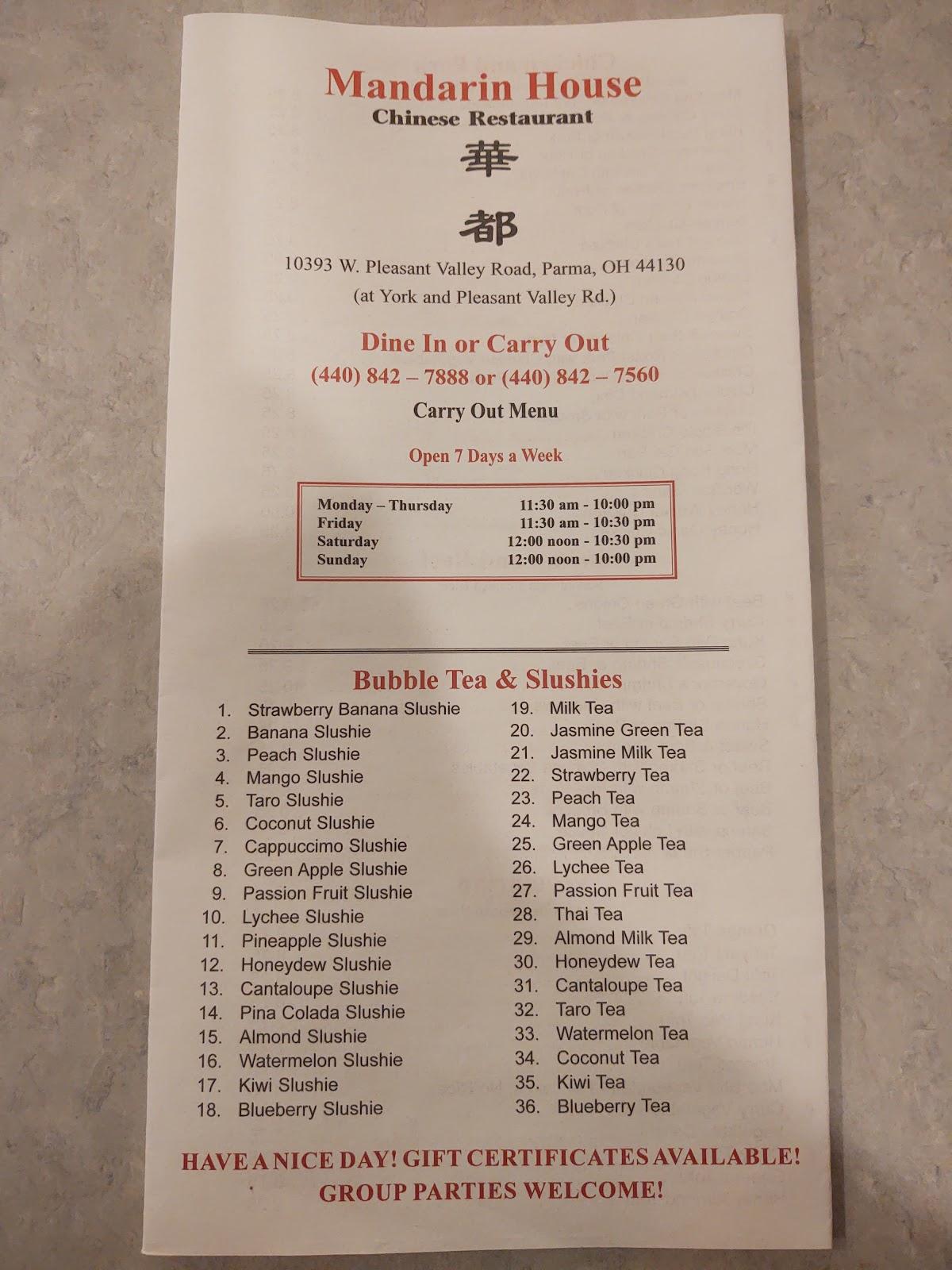 Menu at Mandarin House Chinese Restaurant, Cleveland