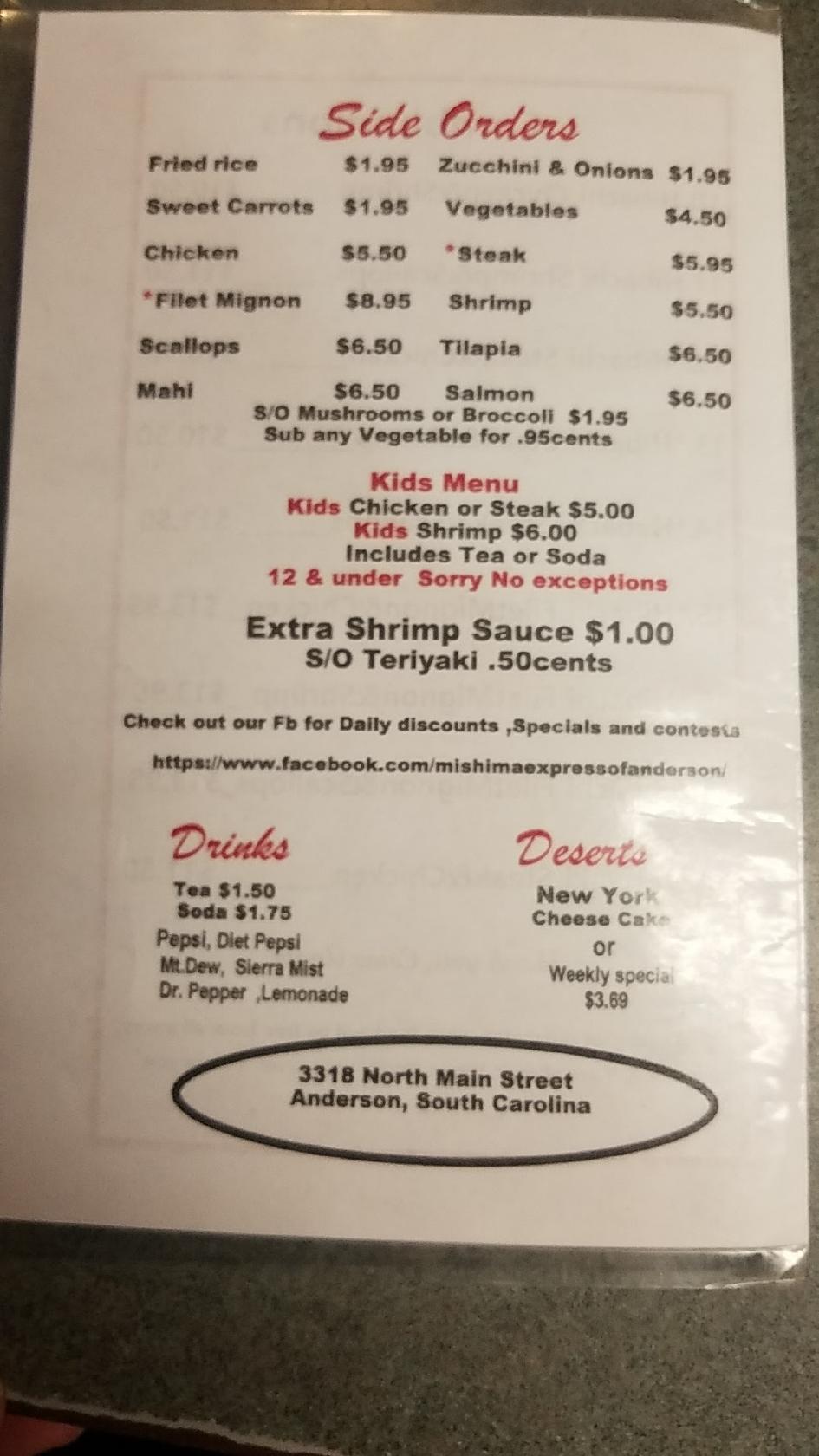 Menu at Mishima Express Japanese Cuisine restaurant, Anderson