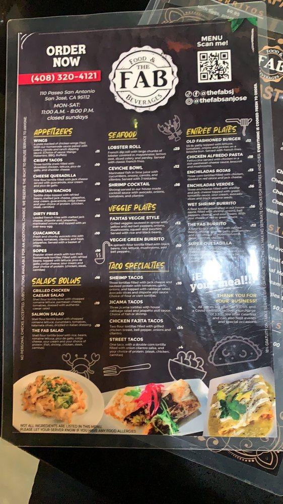 Menu at The FAB pub & bar, San Jose