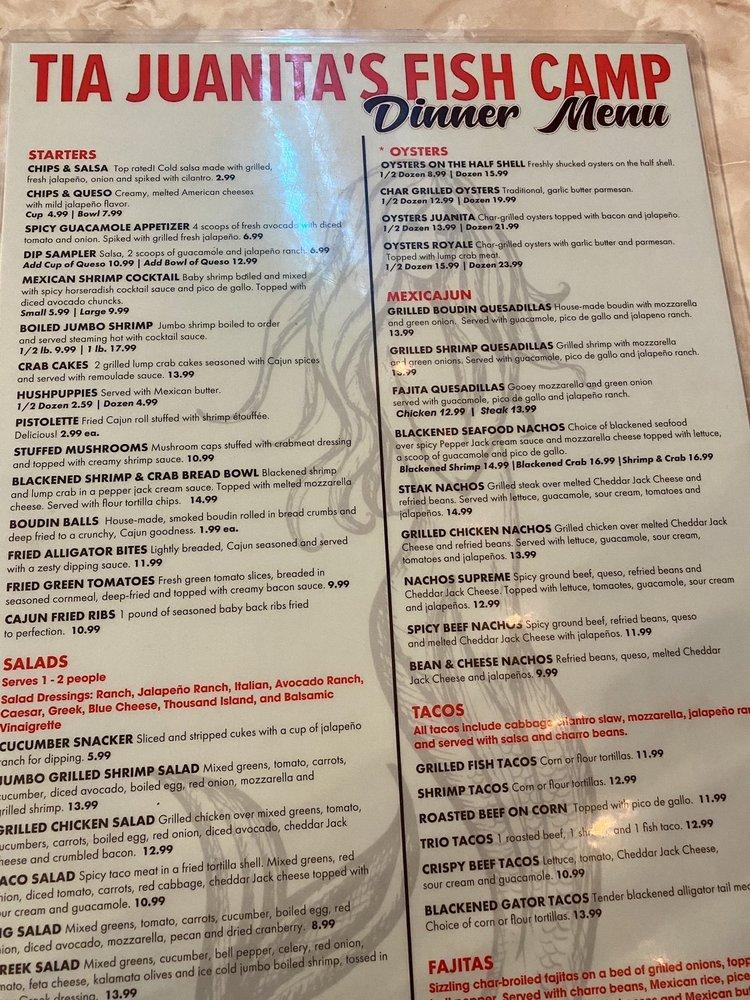 Menu at Tia Juanita's Fish Camp Winnie restaurant, Winnie