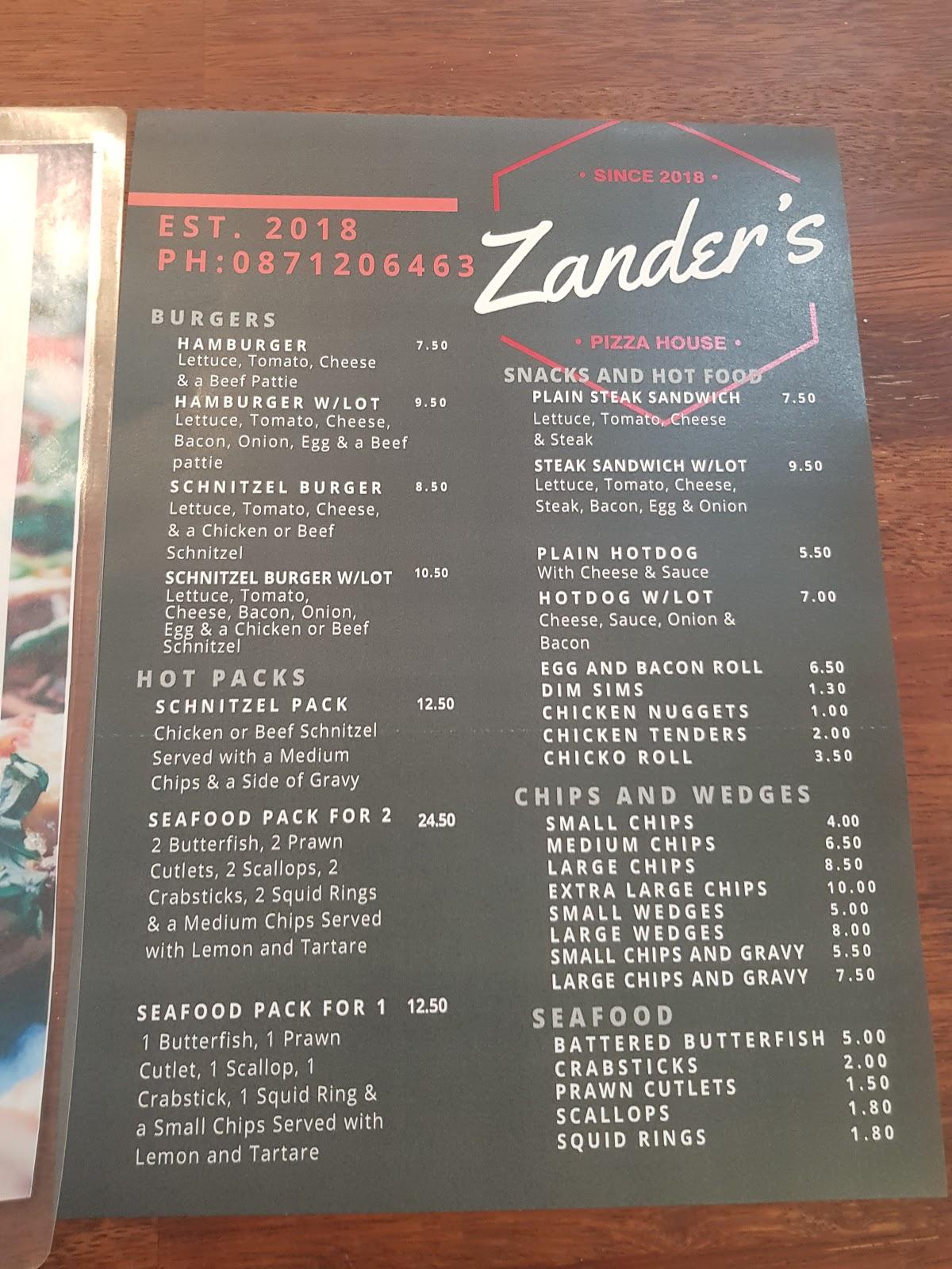 Menu at Zander's Pizza House restaurant, Yorketown