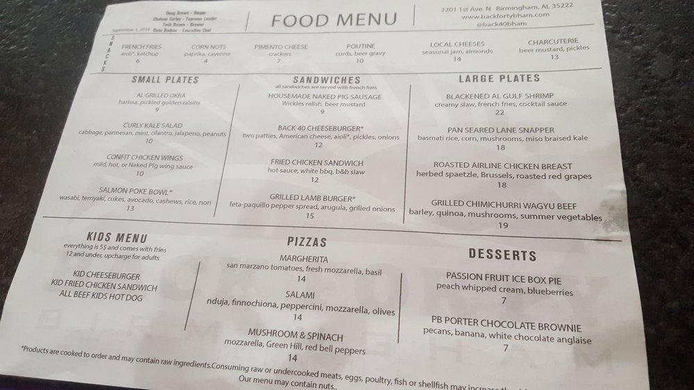 Menu at Back Forty Beer Company Birmingham, Birmingham