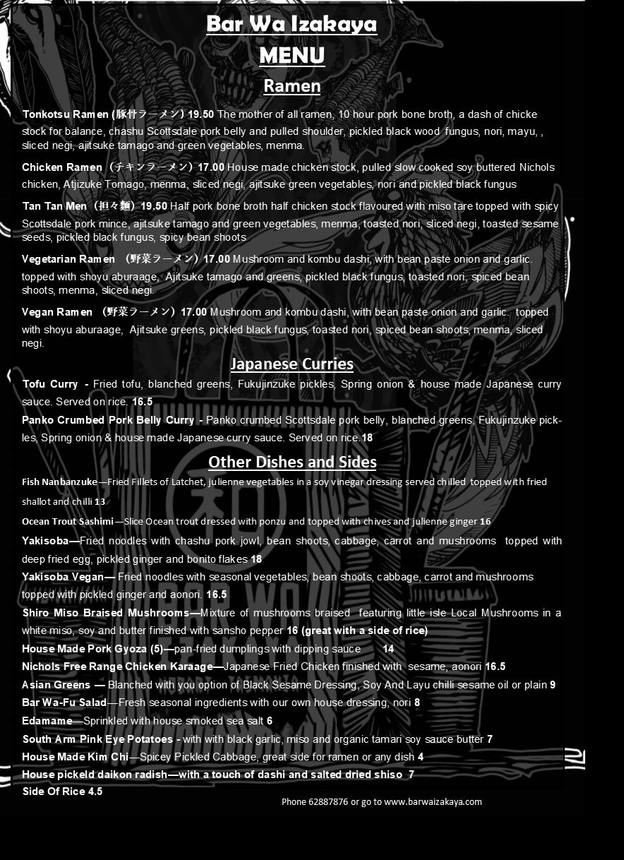 Menu at Bar Wa Izakaya, Hobart