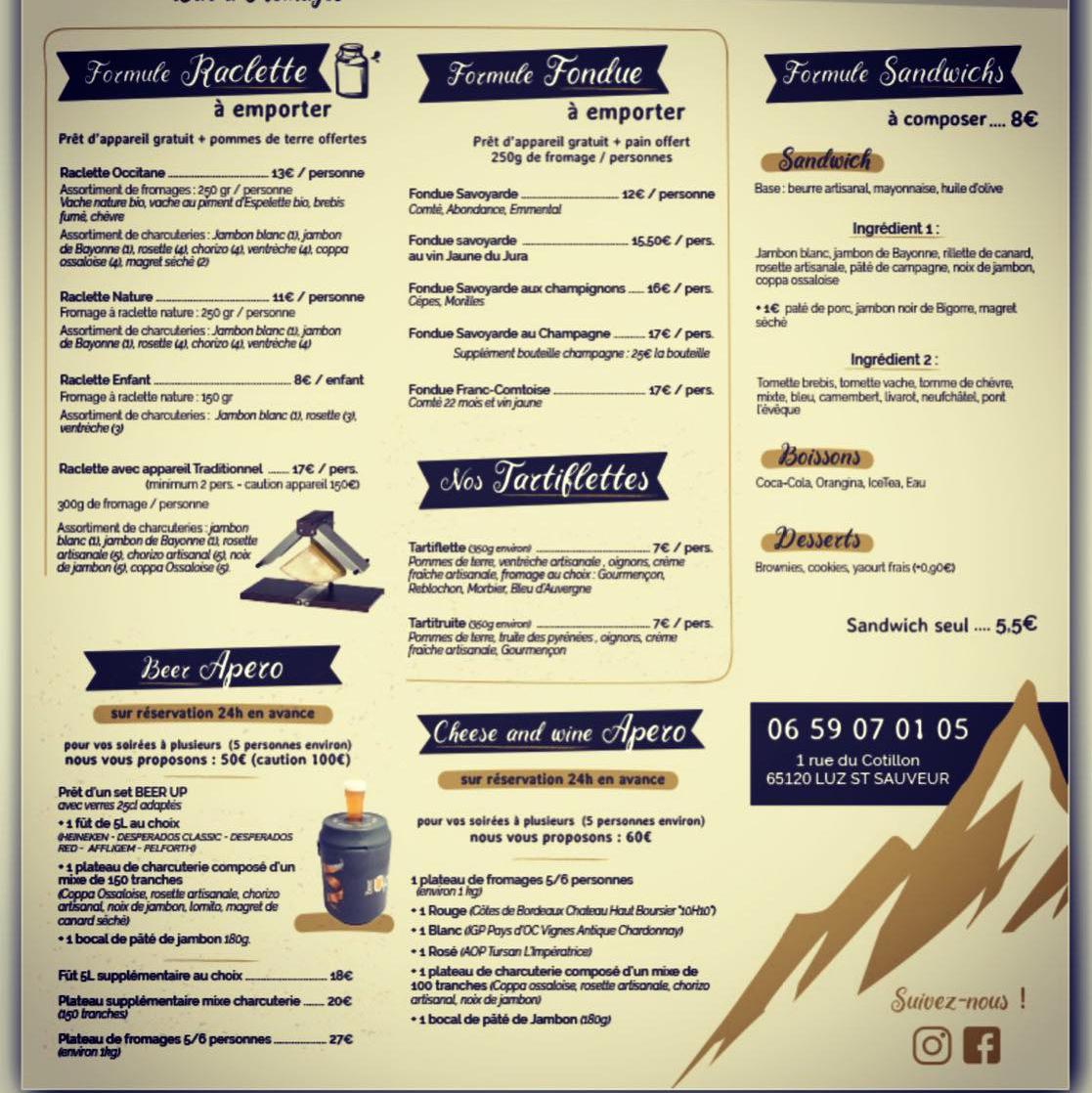 Carta de O'Fromages | Restaurant - Fromageries, Luz-Saint-Sauveur