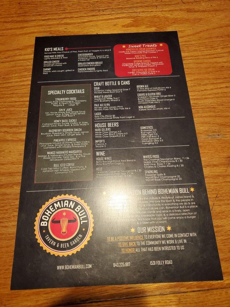 Menu at Bohemian Bull restaurant, Charleston