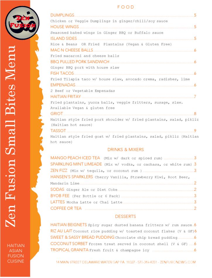 Menu at Caribbean Nights at Zen Fusion, Delaware Water Gap