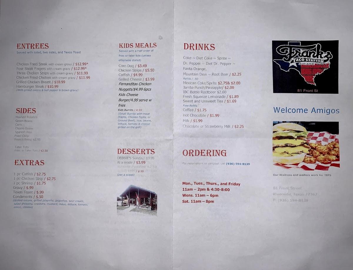 Menu at Frank's Taco Station restaurant, Riverside