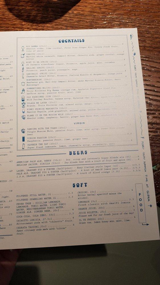 Menu at Gloria restaurant, London, 54-56 Great Eastern St